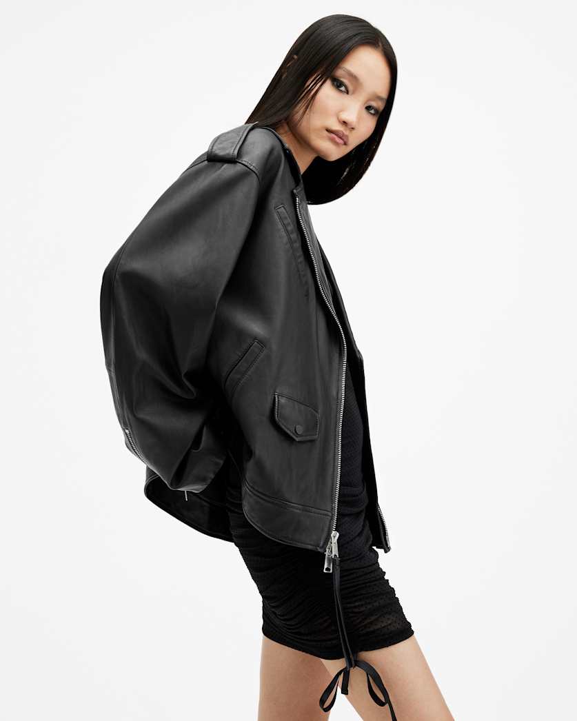 Daylen Oversized Leather Biker Jacket Black | ALLSAINTS